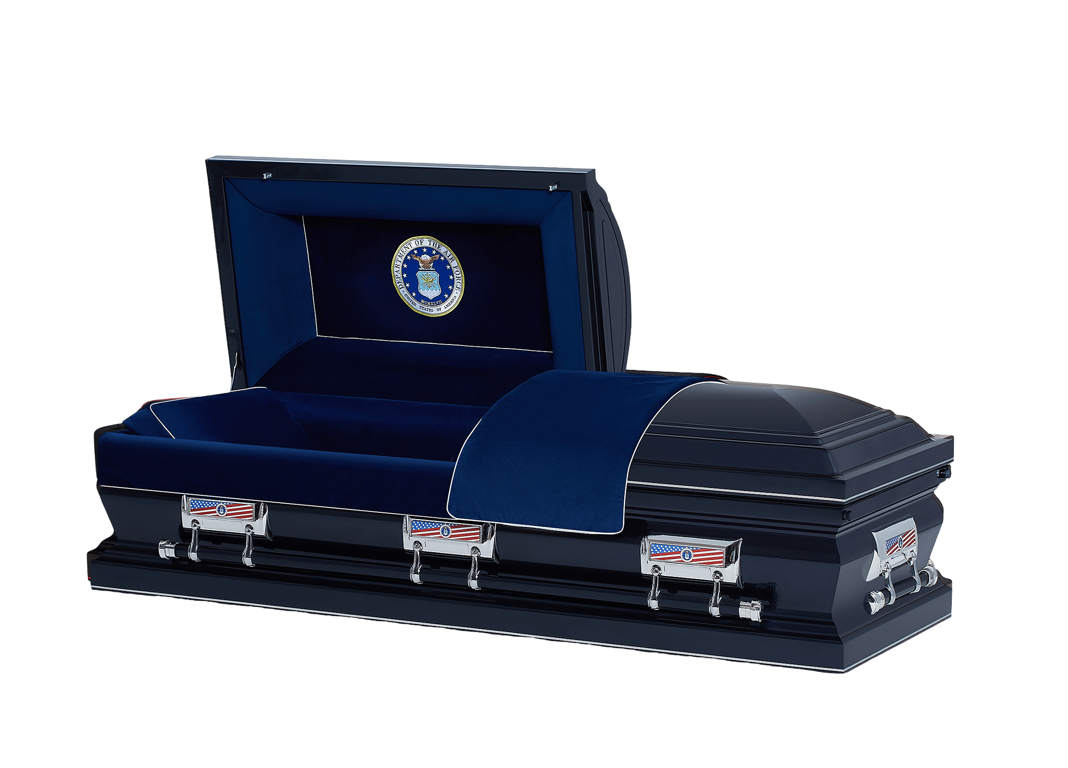 Air Force Blue Casket with Dark Blue Velvet Interior | Trusted Caskets