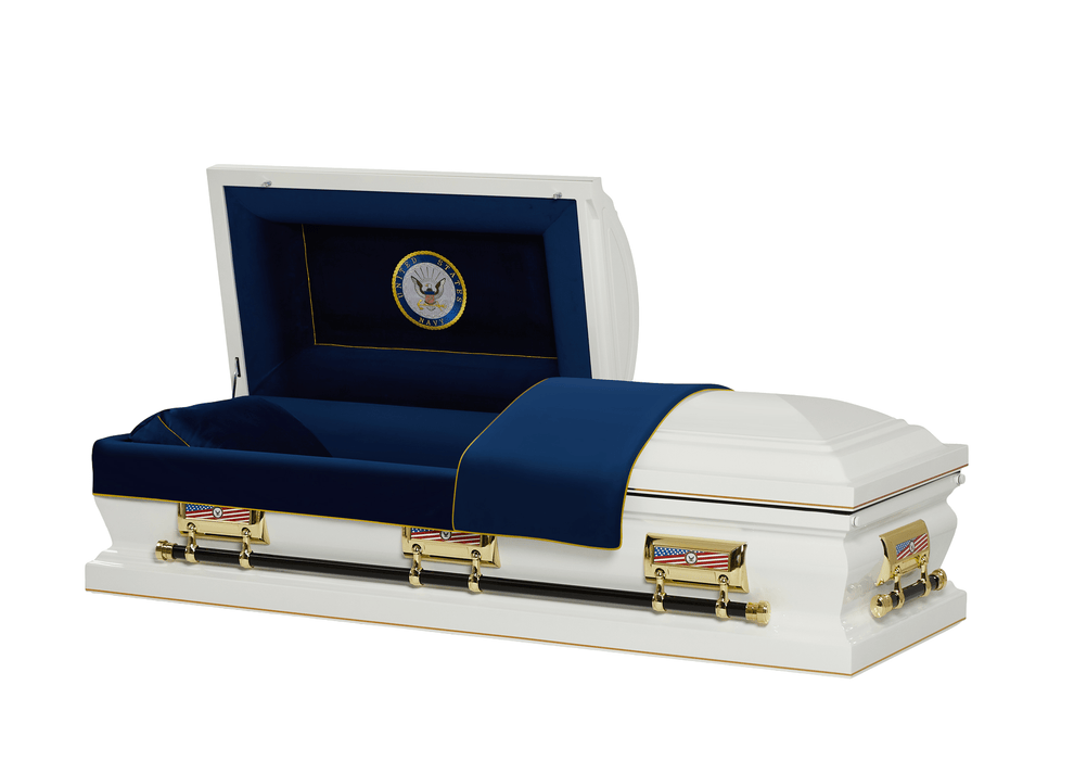 Navy White Casket with Navy Blue Velvet Interior | Trusted Caskets