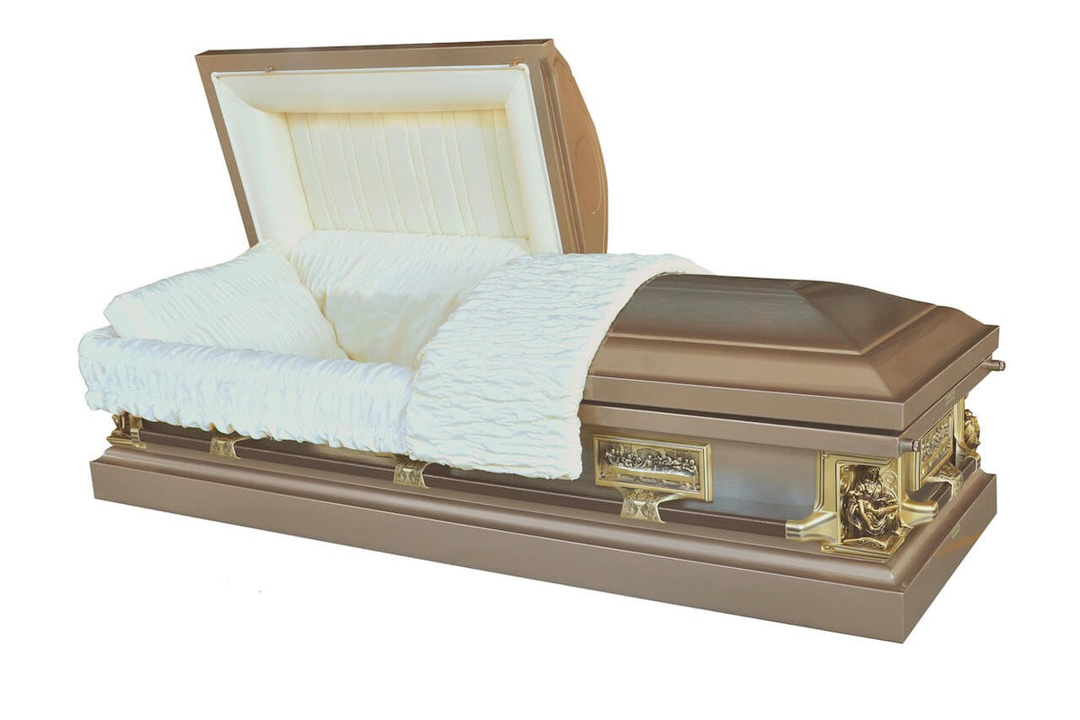 Pieta Copper Casket - Brushed Steel with Rosetan Interior – Trusted Caskets